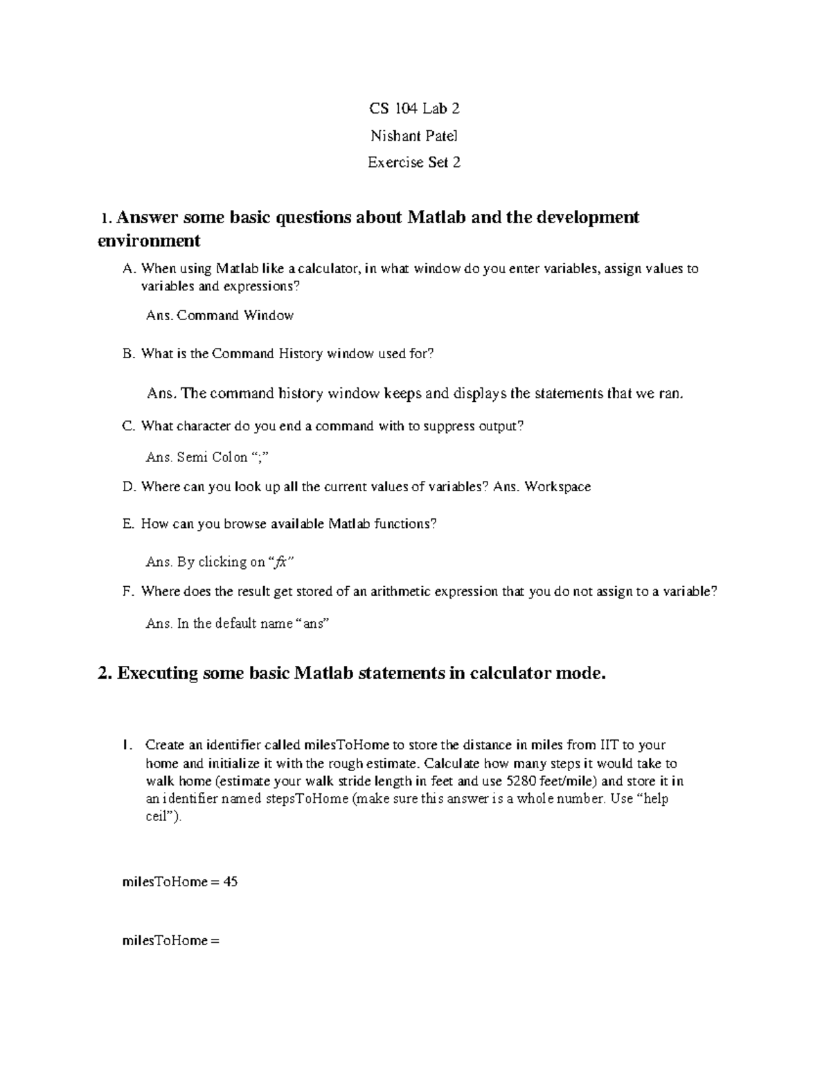 CS 104 Lab 2: Exercise Set 2 - Exploring Basic Matlab Functions - Studocu