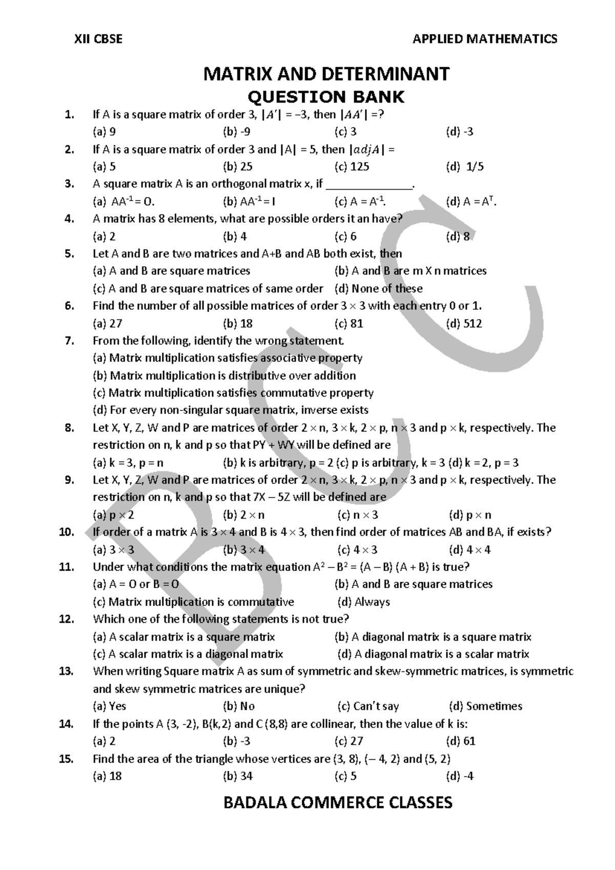 XII CBSE APPLIED MATHEMATICS MATRIX AND DETERMINANT QUESTION BANK - Studocu