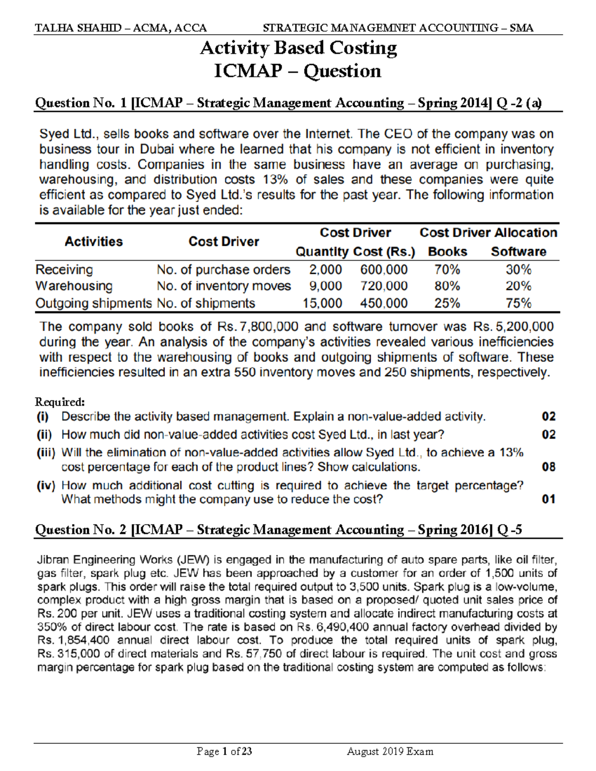 Activity Based Costing Past Papers: ICMAP & ACCA Questions Analysis ...
