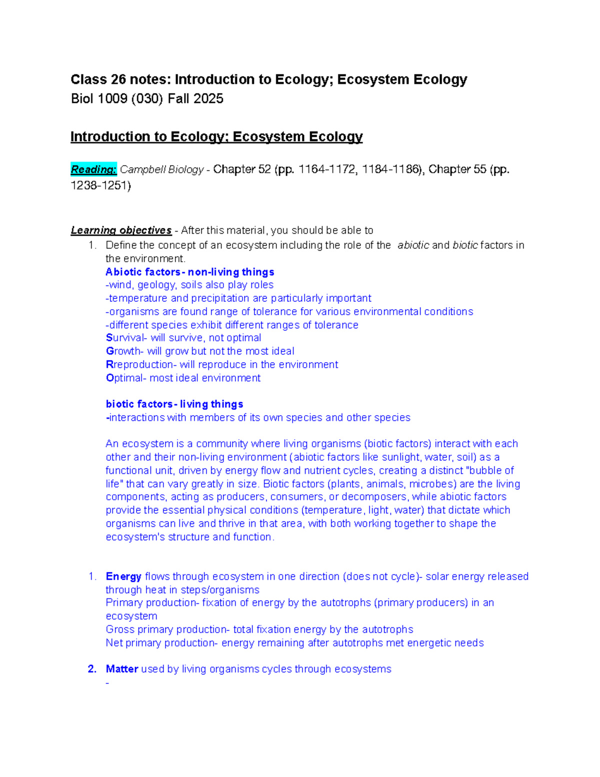 Biol 1009 Class 26 Notes: Introduction to Ecology - Studocu