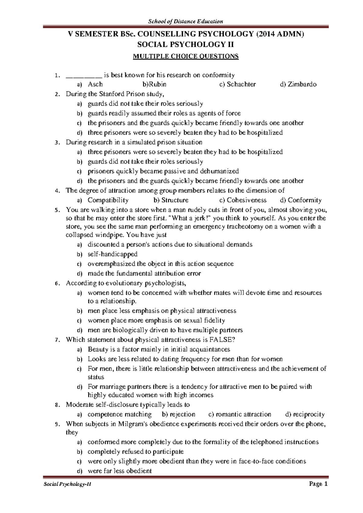 MCQ- Social Psychology II - V SEMESTER BSc. COUNSELLING PSYCHOLOGY ...