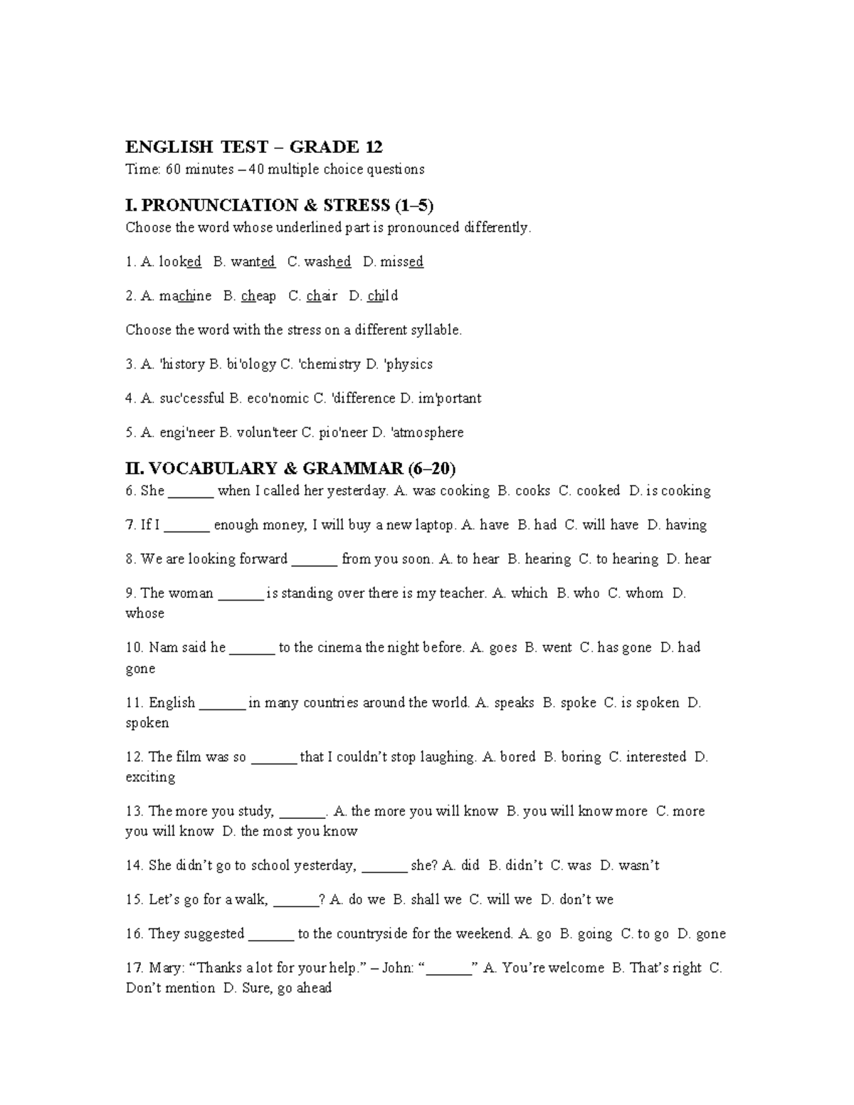 English Test Grade 12 - 40 Multiple Choice Questions - Studocu