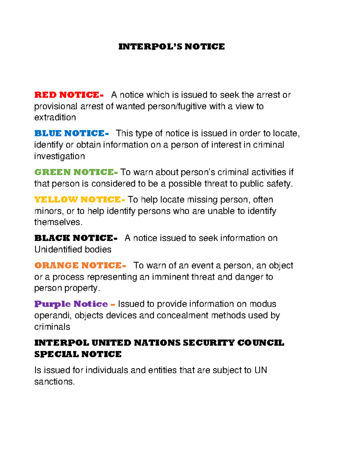 INTERPOL Notices Overview in Comparative Analysis - Studocu
