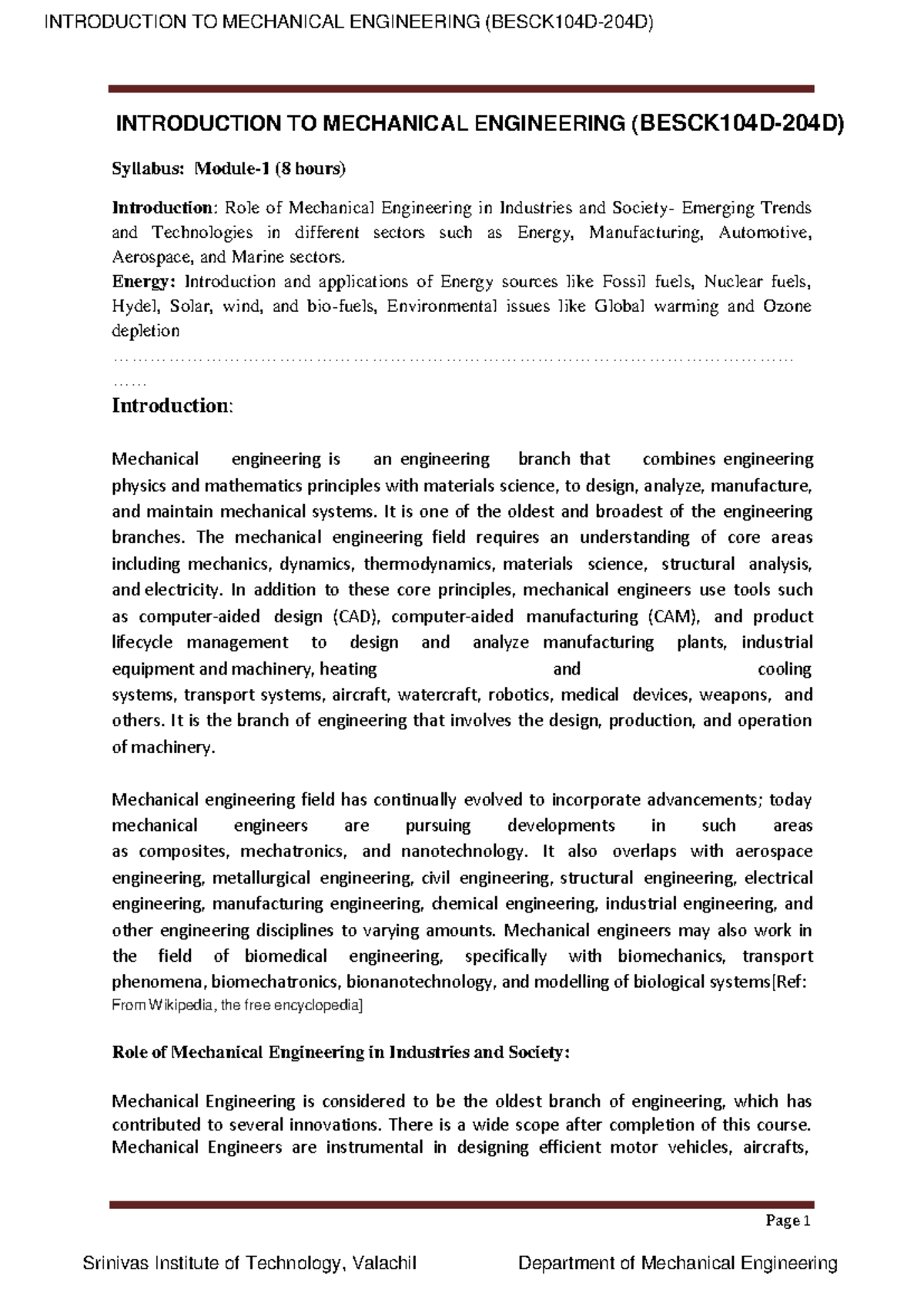 ME 101: Introduction to Mechanical Engineering - Syllabus & Overview ...