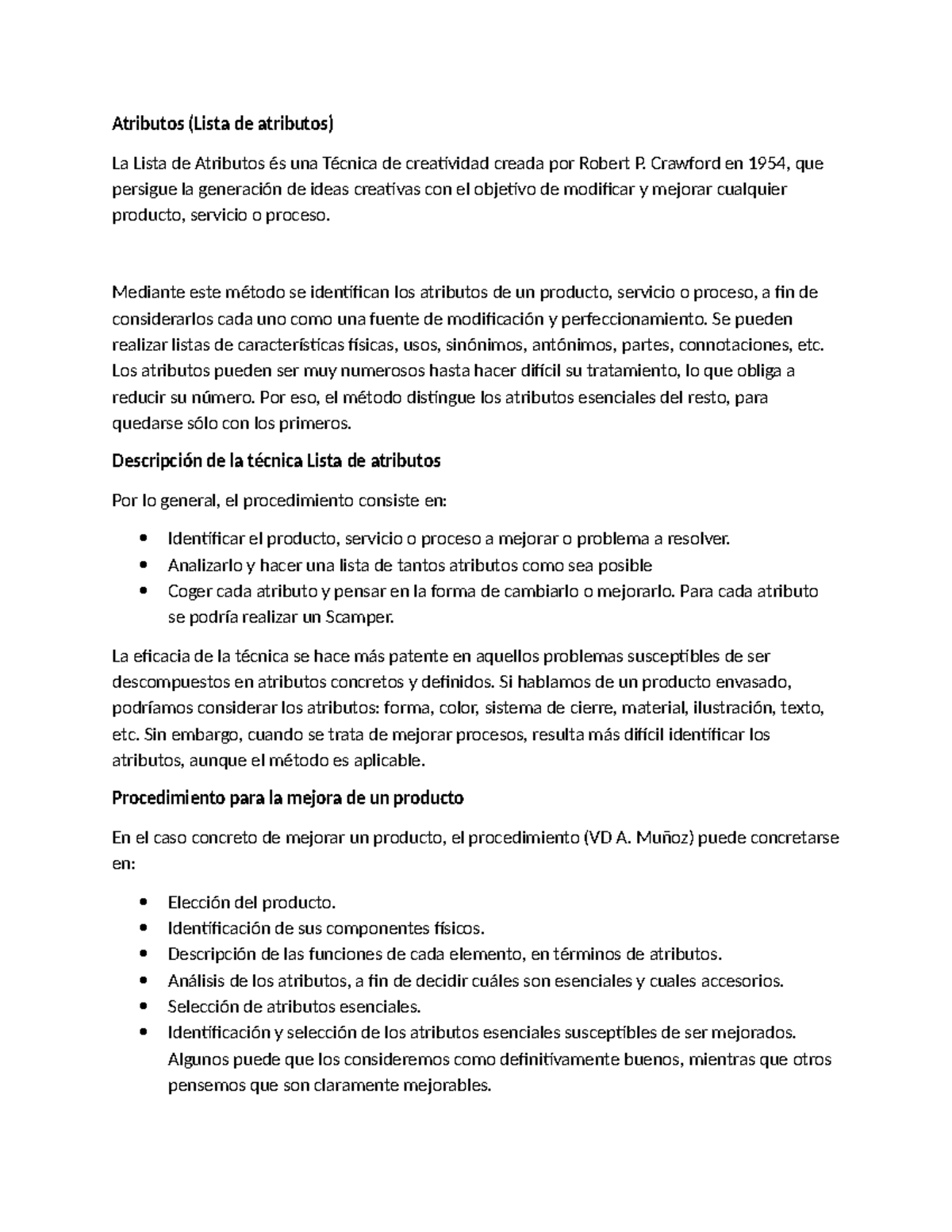 Lista de Atributos y Técnicas Creativas - Métodos para Mejora - Studocu