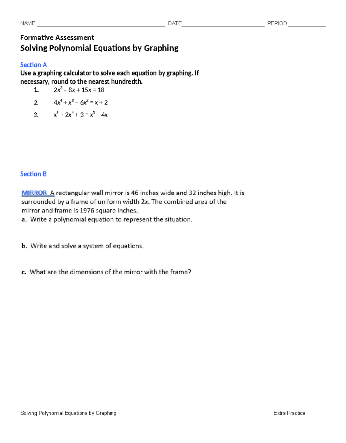 Formative Assessment: Solving Polynomial Equations by Graphing - Studocu