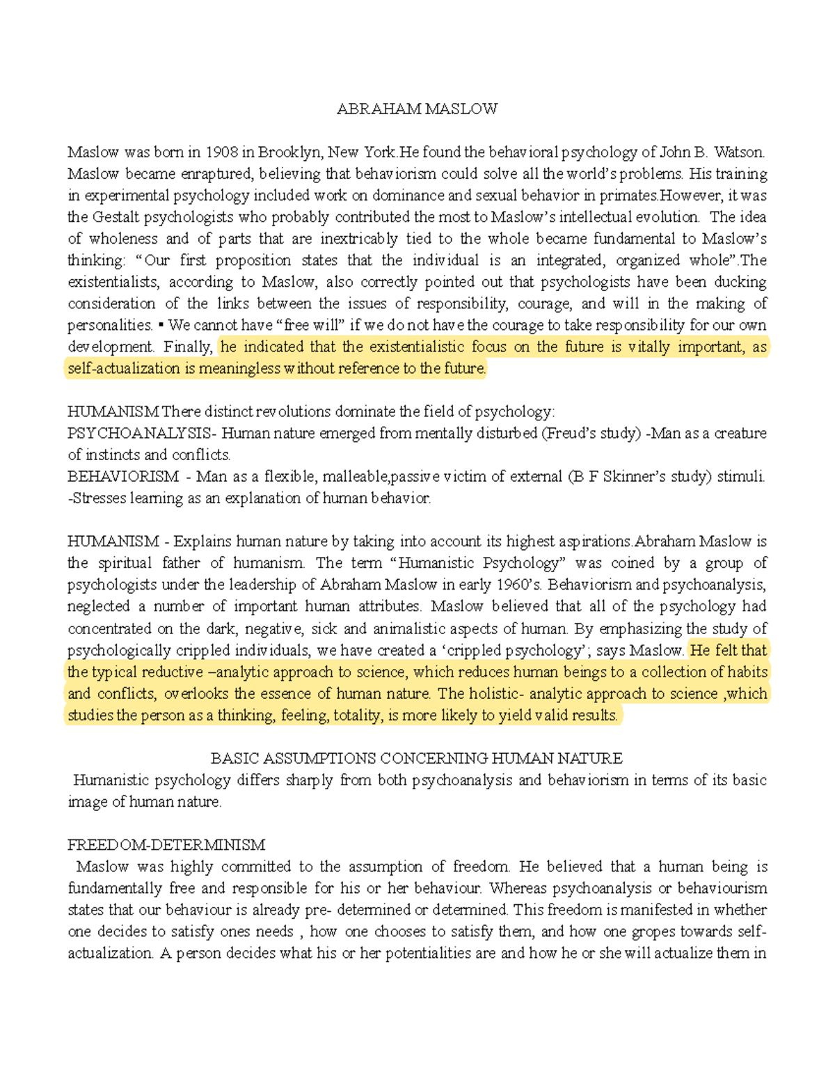 Abraham Maslow's Humanistic Psychology: Key Concepts and Theories - Studocu