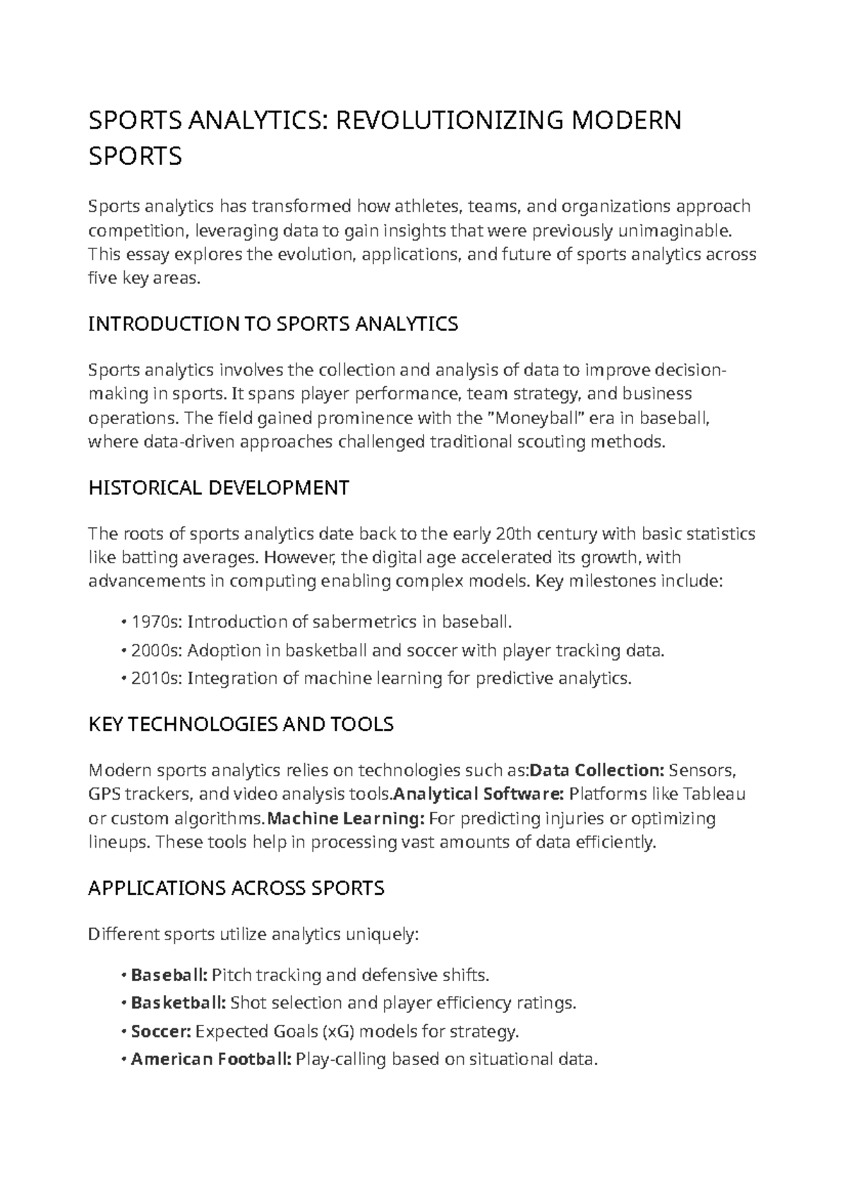 SPORTS 101: ESSAY ON SPORTS ANALYTICS REVOLUTION - Studocu