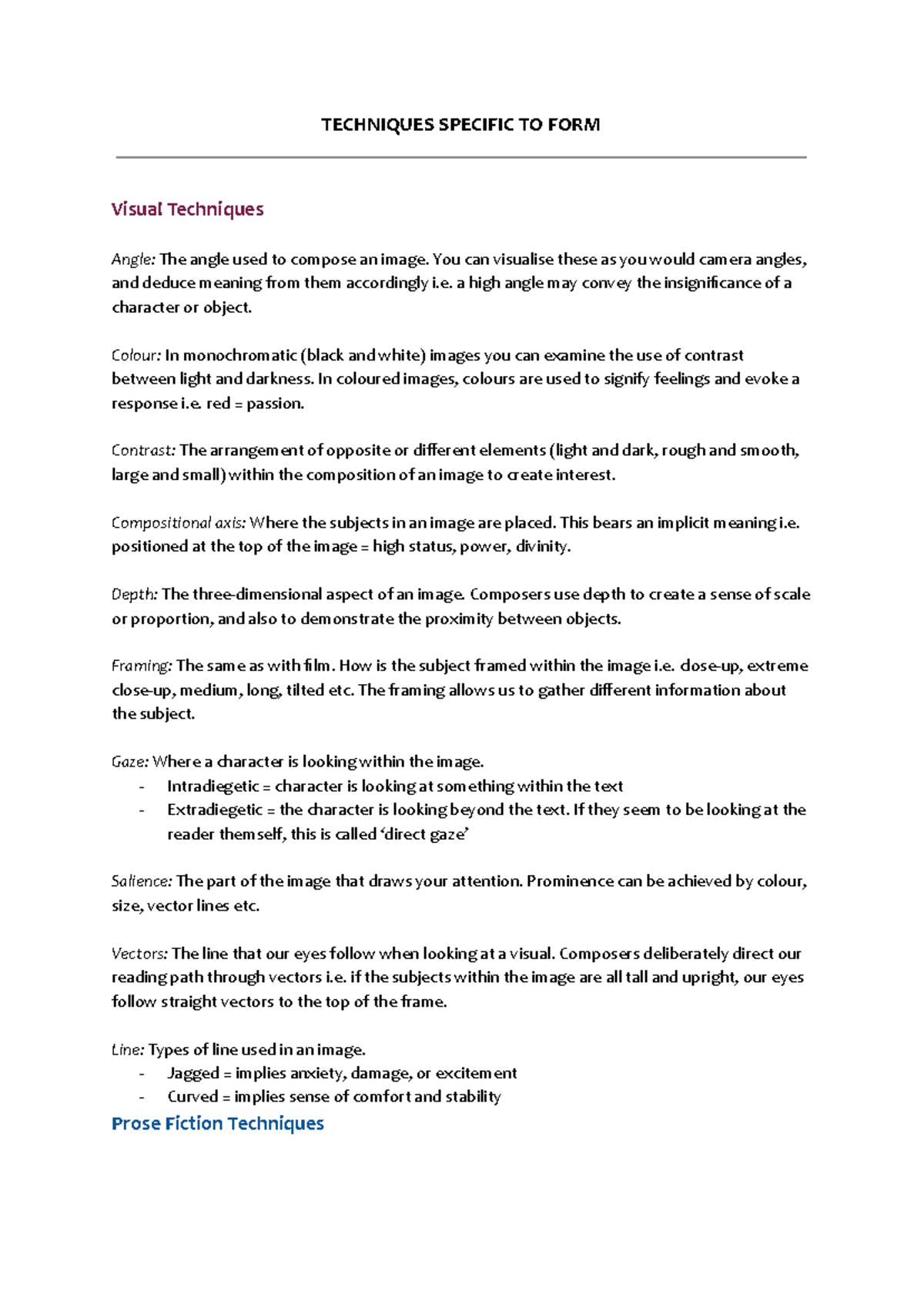 TECHNIQUES SPECIFIC TO FORM: Visual & Prose Fiction Methods - Studocu