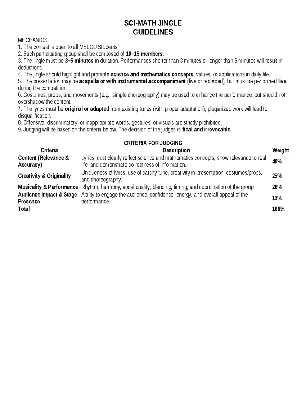 SCI-MATH Jingle Contest Guidelines and Judging Criteria - Studocu