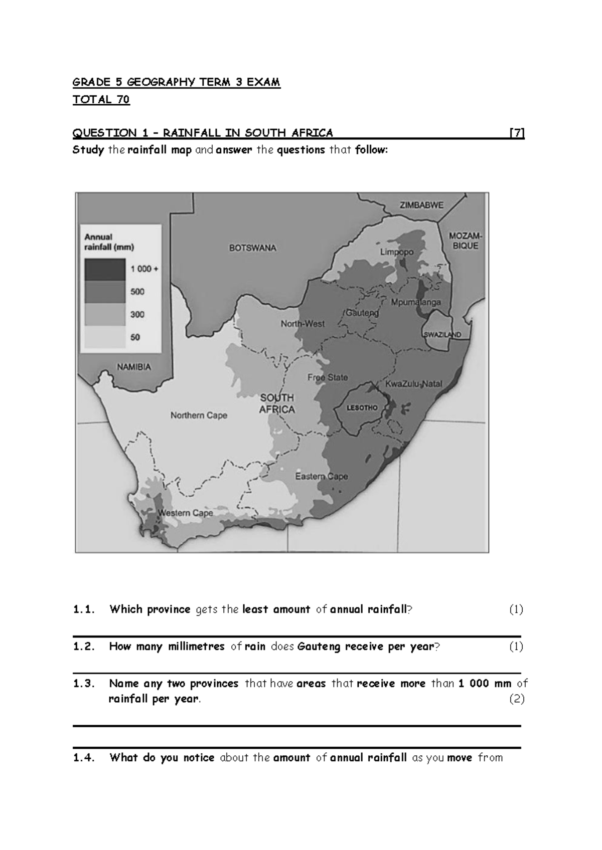 Grade 5 Geography Term 3 Exam: Rainfall & Weather Analysis - Studocu
