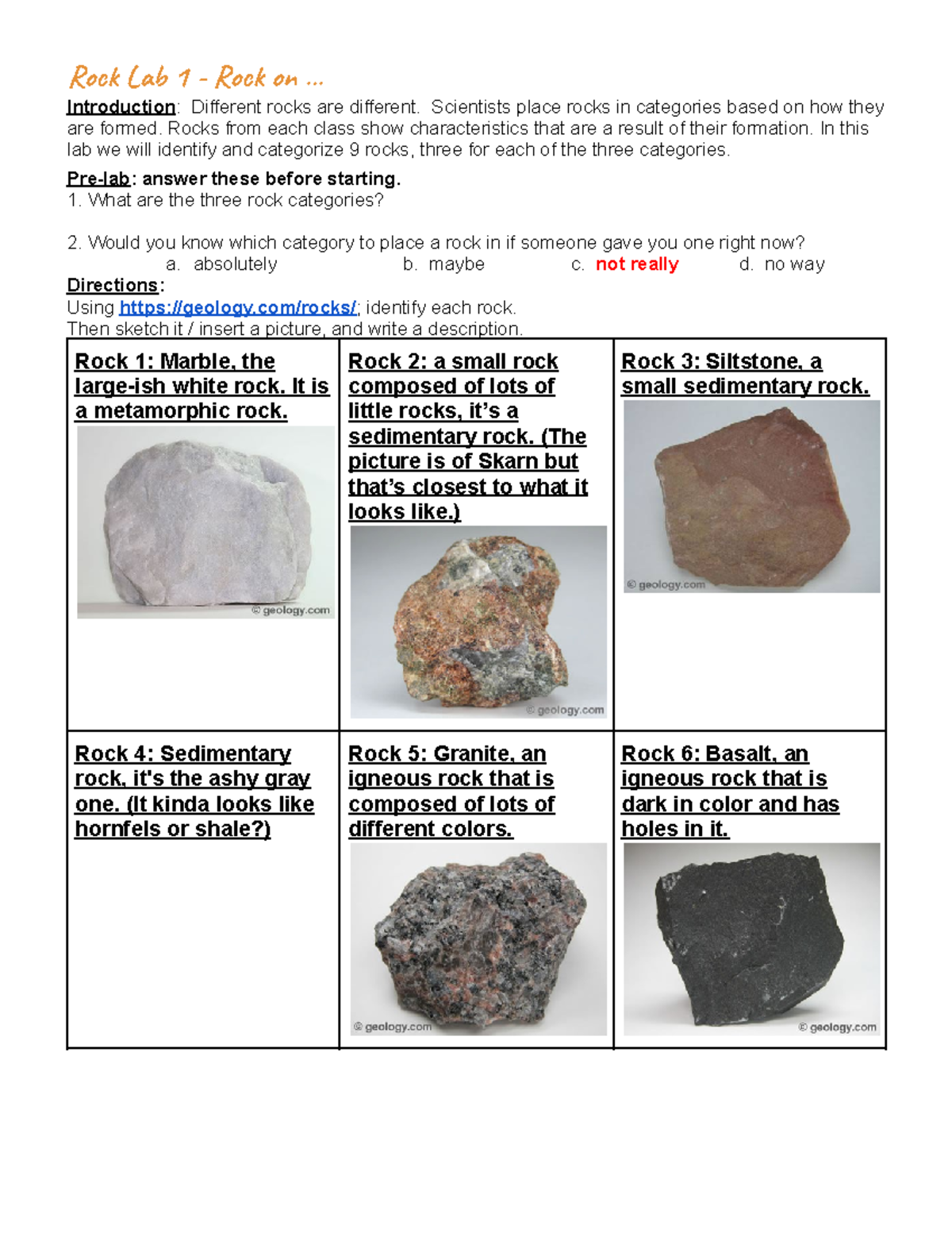 Earth Science Lab: Identifying Rock Categories in ROC 101 - Studocu