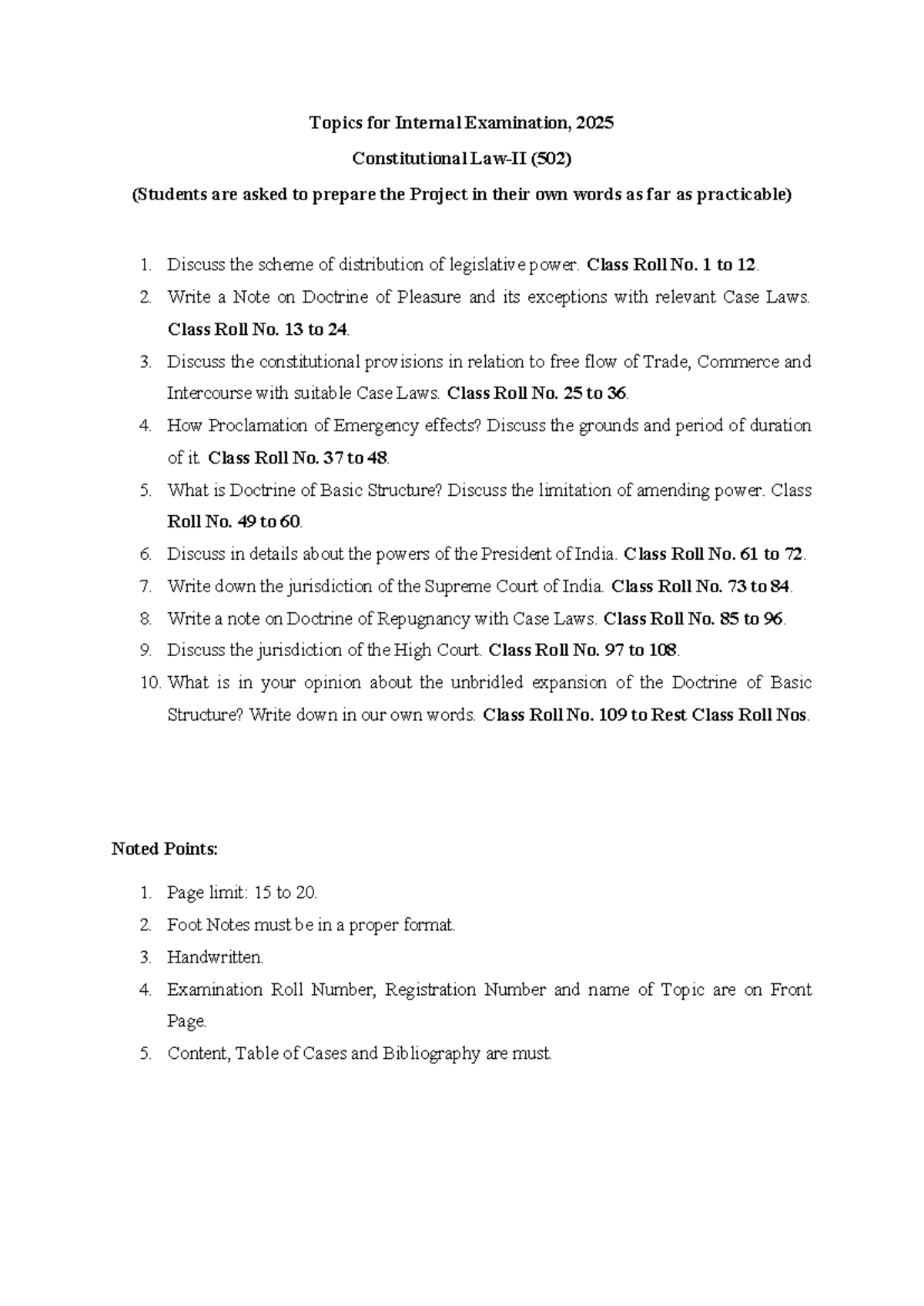 Internal Examination Topics for Constitutional Law (502) - Studocu