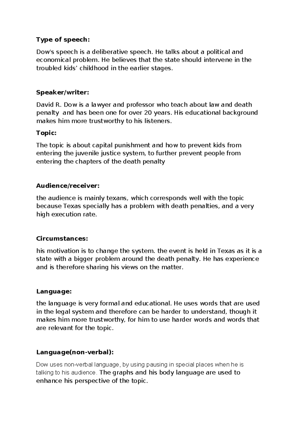 ENG 101: Analysis of David R. Dow's Deliberative Speech on Capital ...