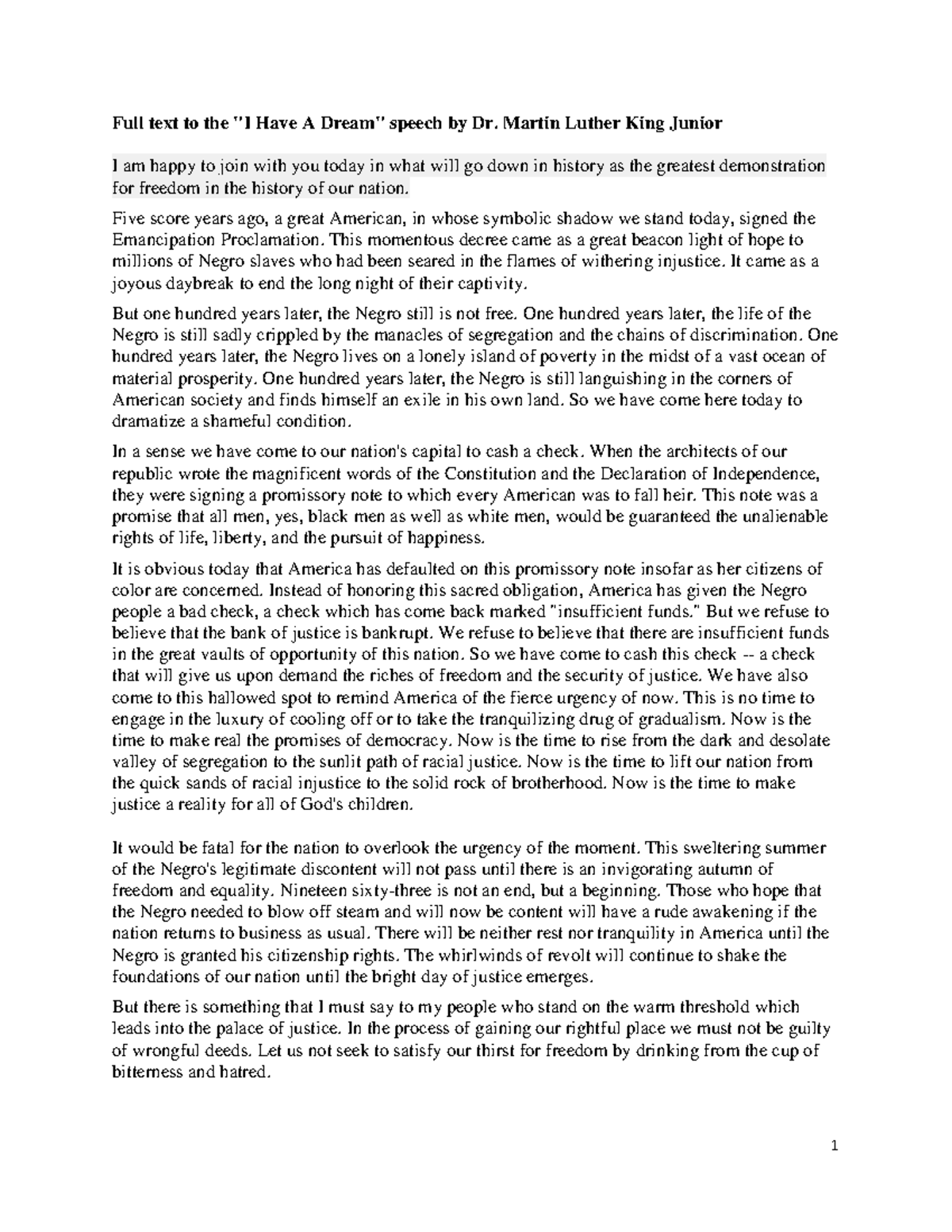 I HAVE A Dream - Dr. Martin Luther King Jr. Speech Analysis - Studocu