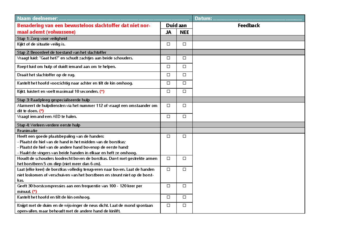Checklist Reanimatie: Benadering van een Bewusteloos Slachtoffer - Studocu