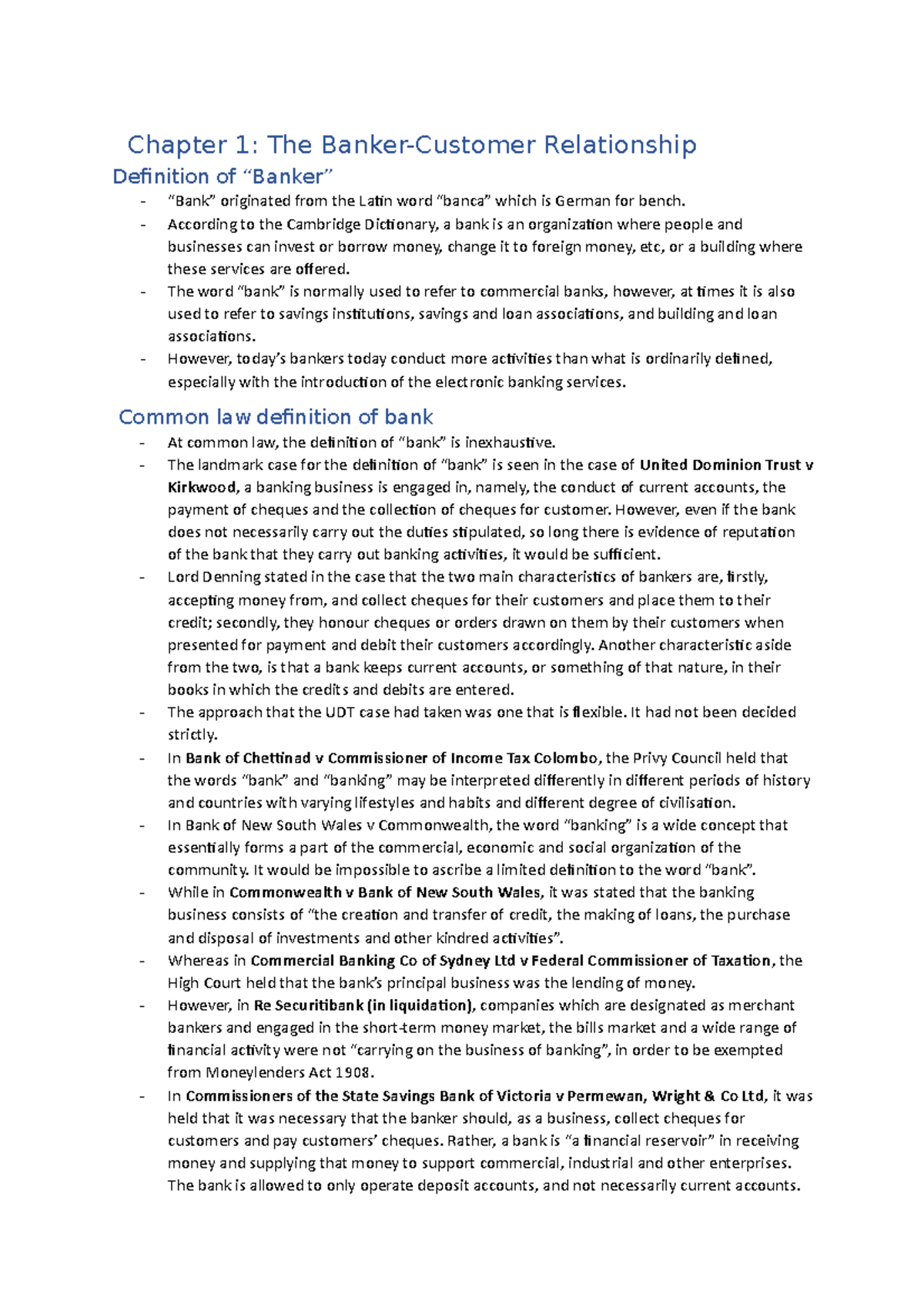 Law of Banking Notes - Chapter 1: The Banker-Customer Relationship ...