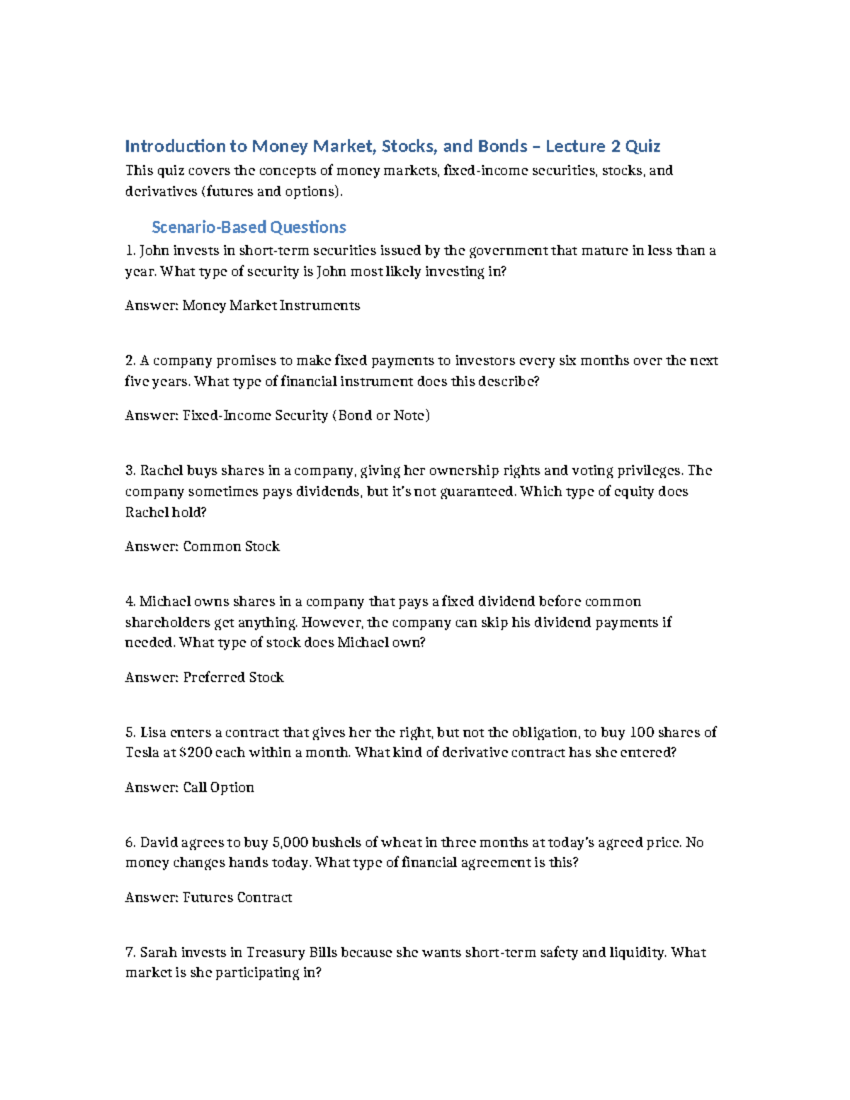 Introduction to Money Market, Stocks, and Bonds Quiz 2 - Studocu