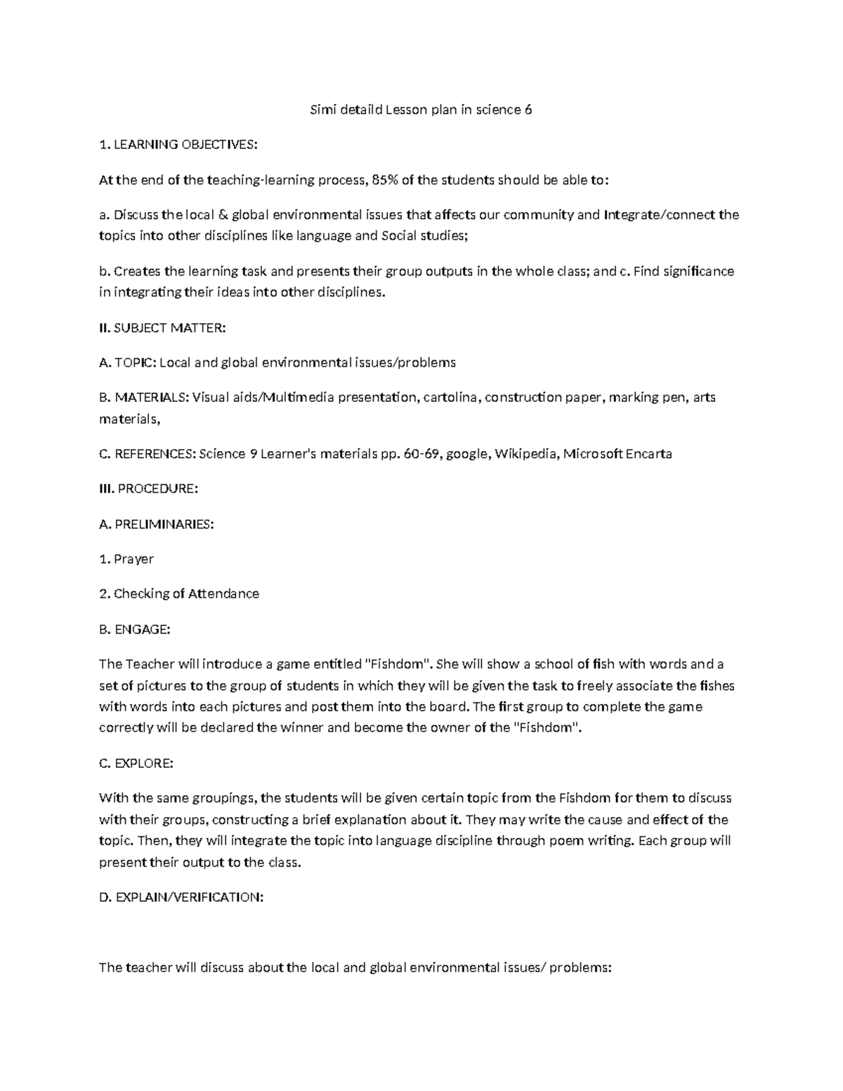 Simi detailed lesson plan in science 6: Local and global environmental ...