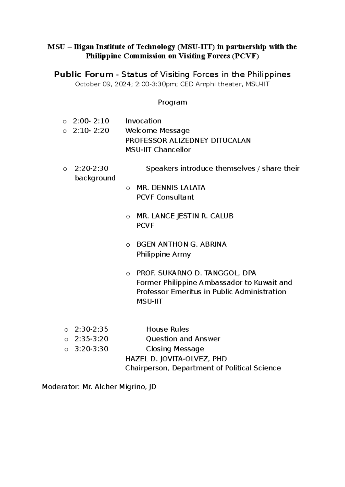 Program msuiit x pcvf - Seminar - MSU – Iligan Institute of Technology ...