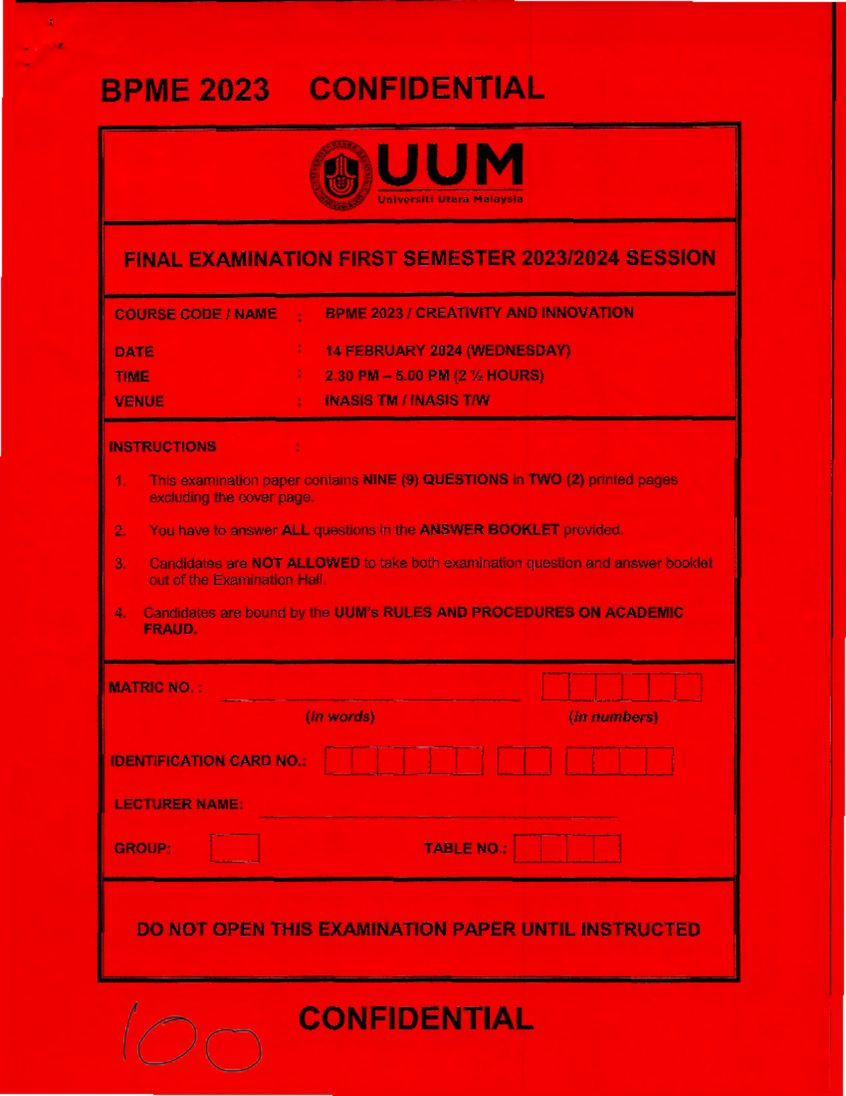 BPME 2023 Final Exam: Creativity and Innovation Overview - Studocu
