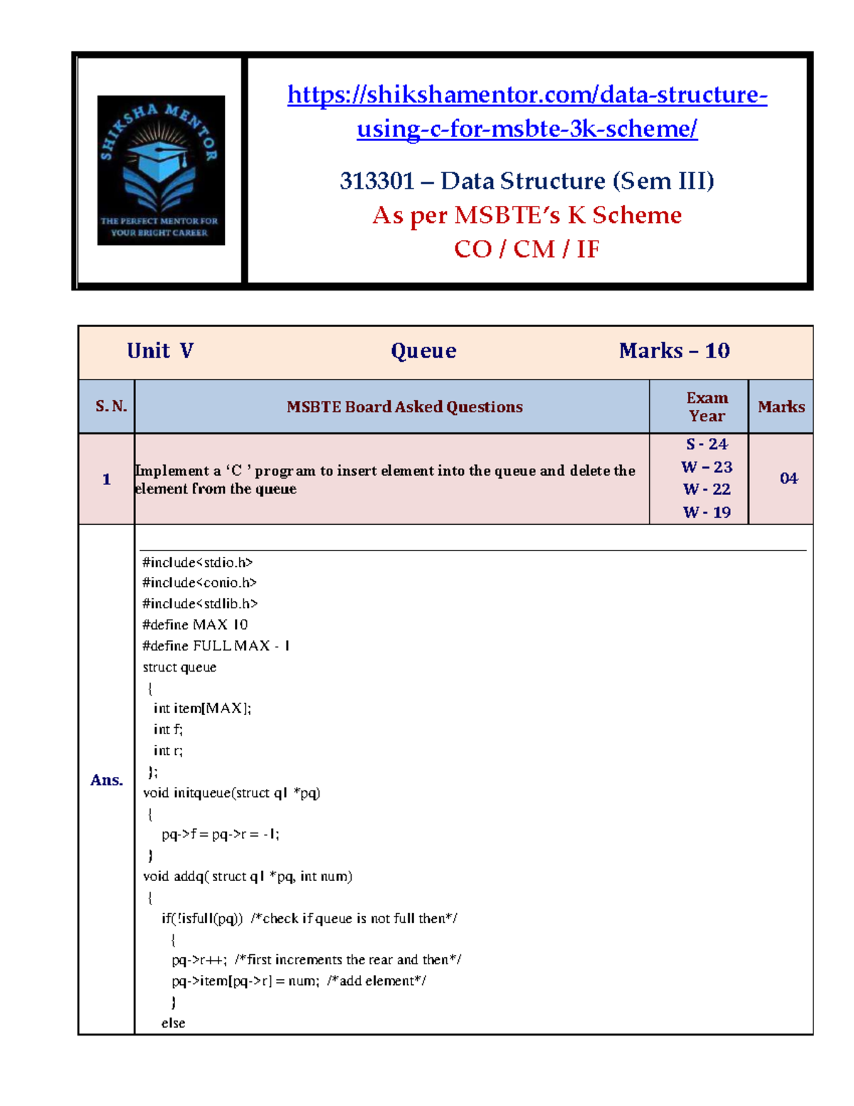 Unit V: Data Structures - Queue Operations & Implementation (313301) - Studocu
