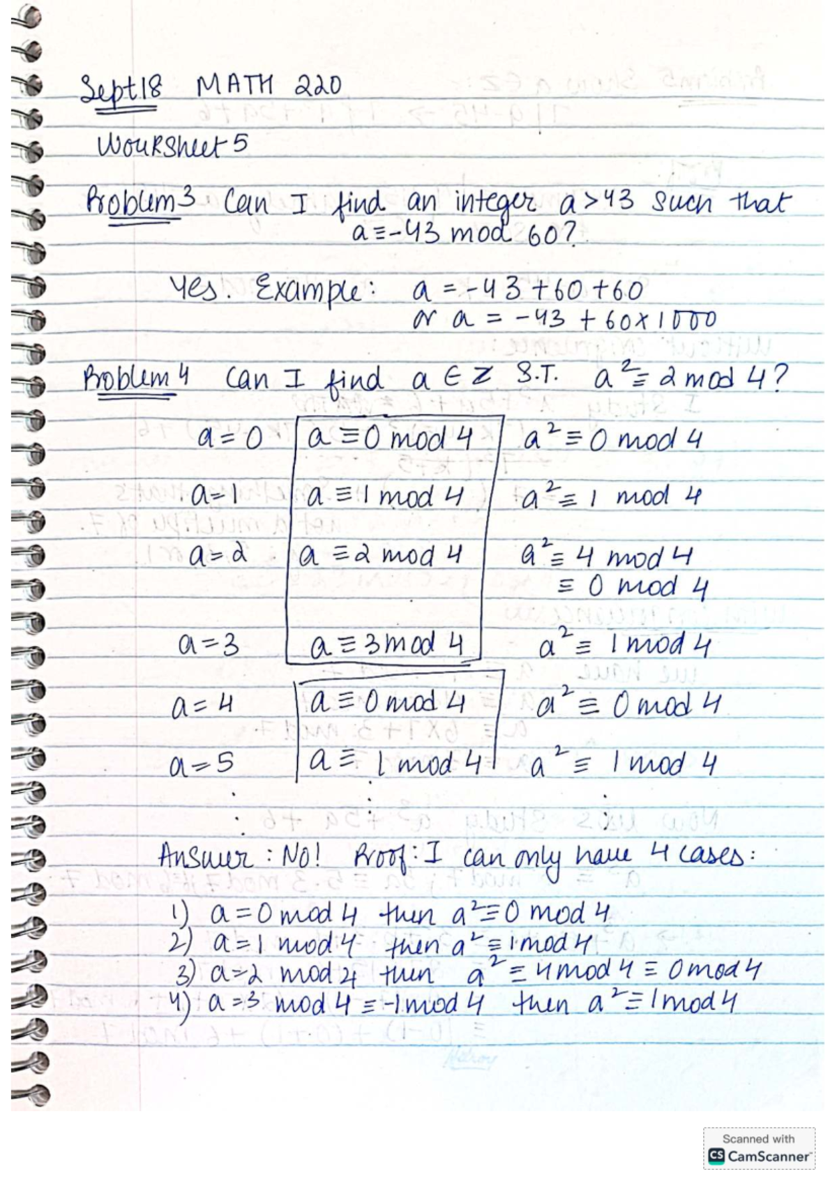 MATH 220 Sept 18 Worksheet 5: Integer Modulo Problems - Studocu