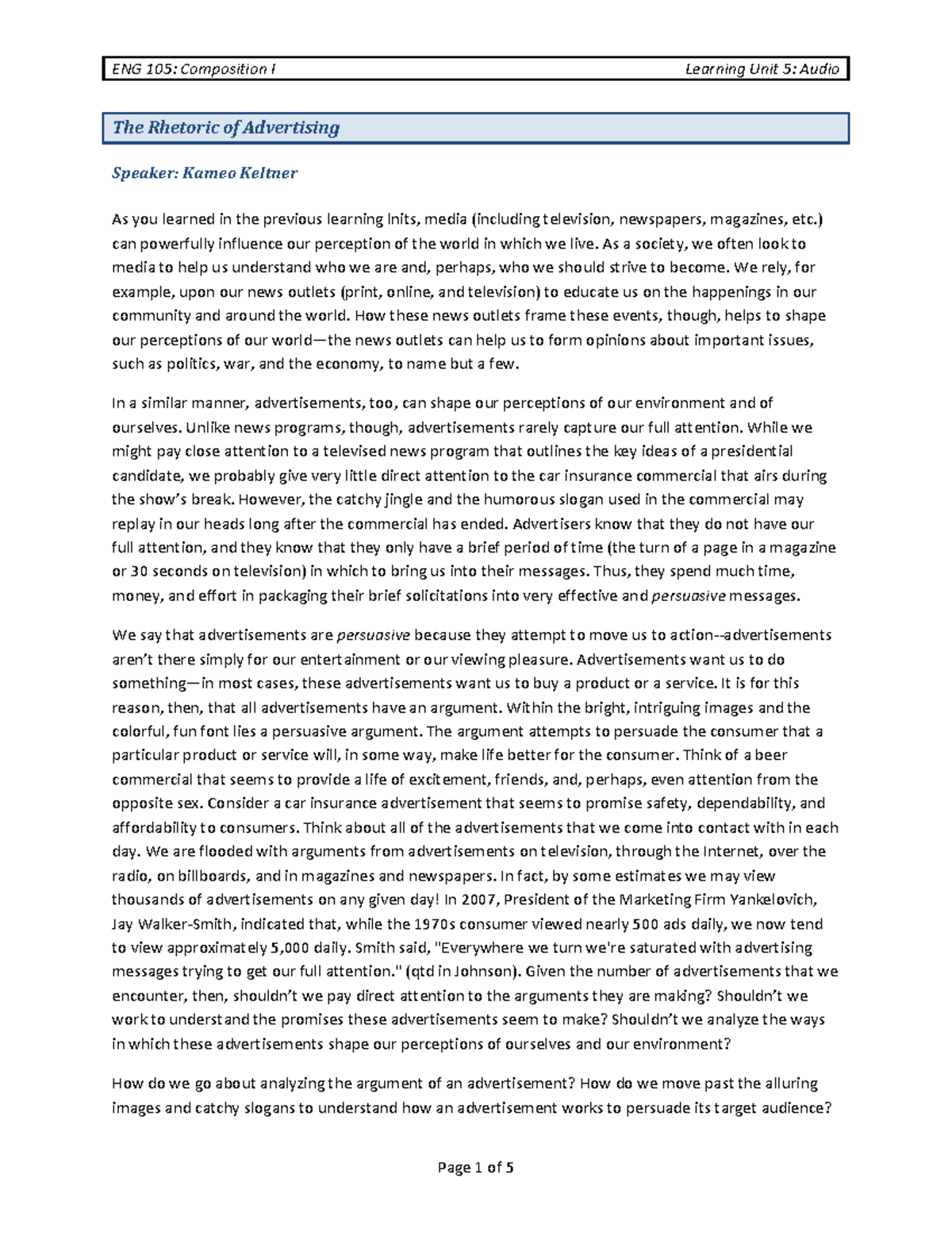 ENG 105: Composition I Learning Unit 5 - The Rhetoric of Advertising ...