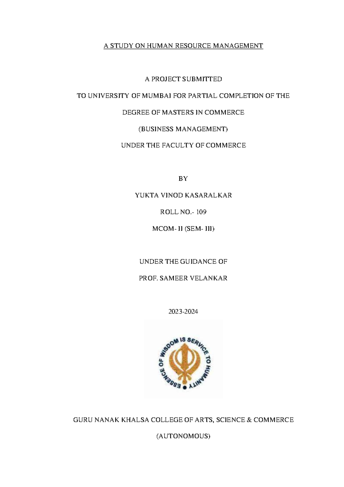 Yukta's Project on HRM Strategies - MCOM II (Sem III) 2023-2024 - Studocu