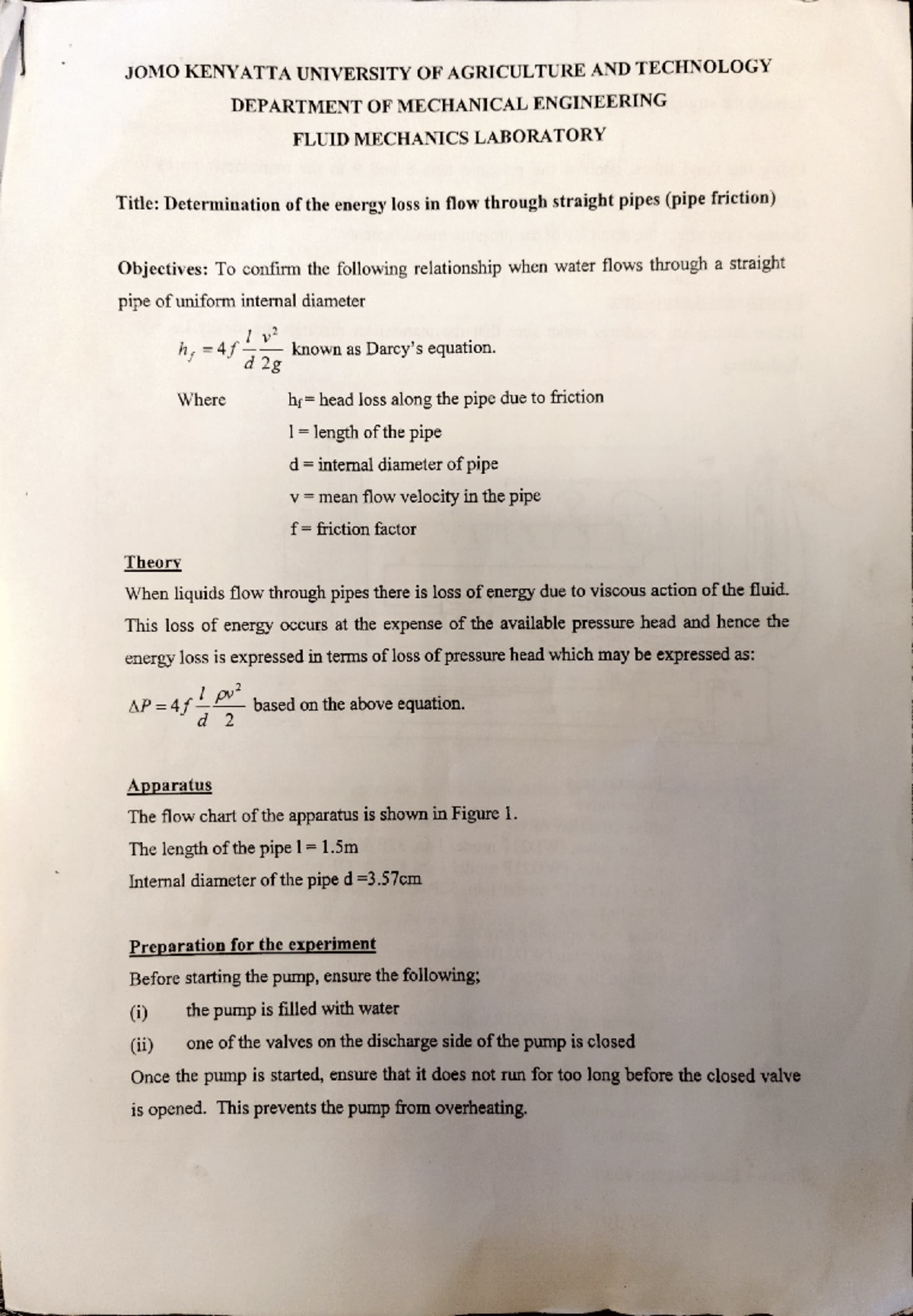 Fluid mechanics practical - JOMO KENYATTA UNIVERSITY OF AGRICULTURE AND ...