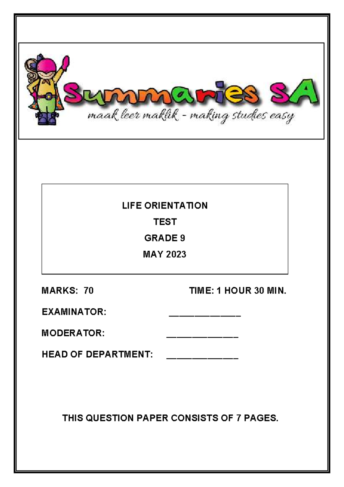 Grade 9 Life Orientation May 2023 Exam and Memo - Studocu