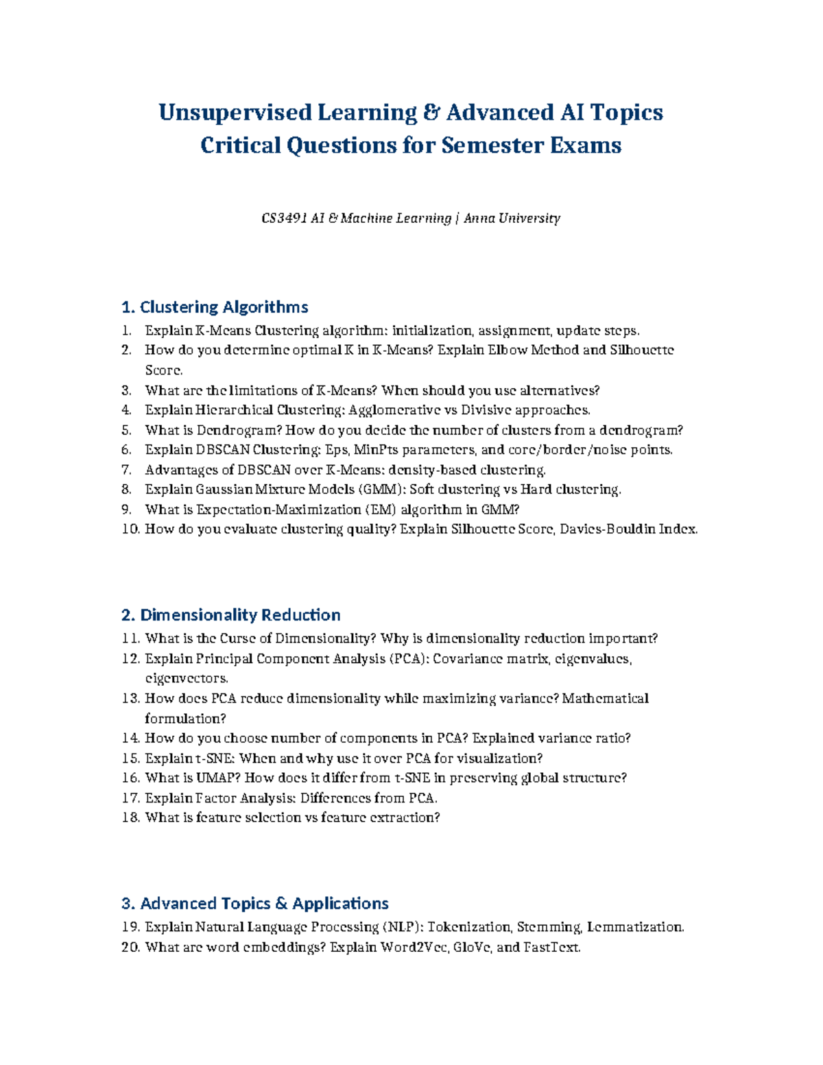 CS3491 AI Machine Learning: Unsupervised Learning Exam Questions - Studocu