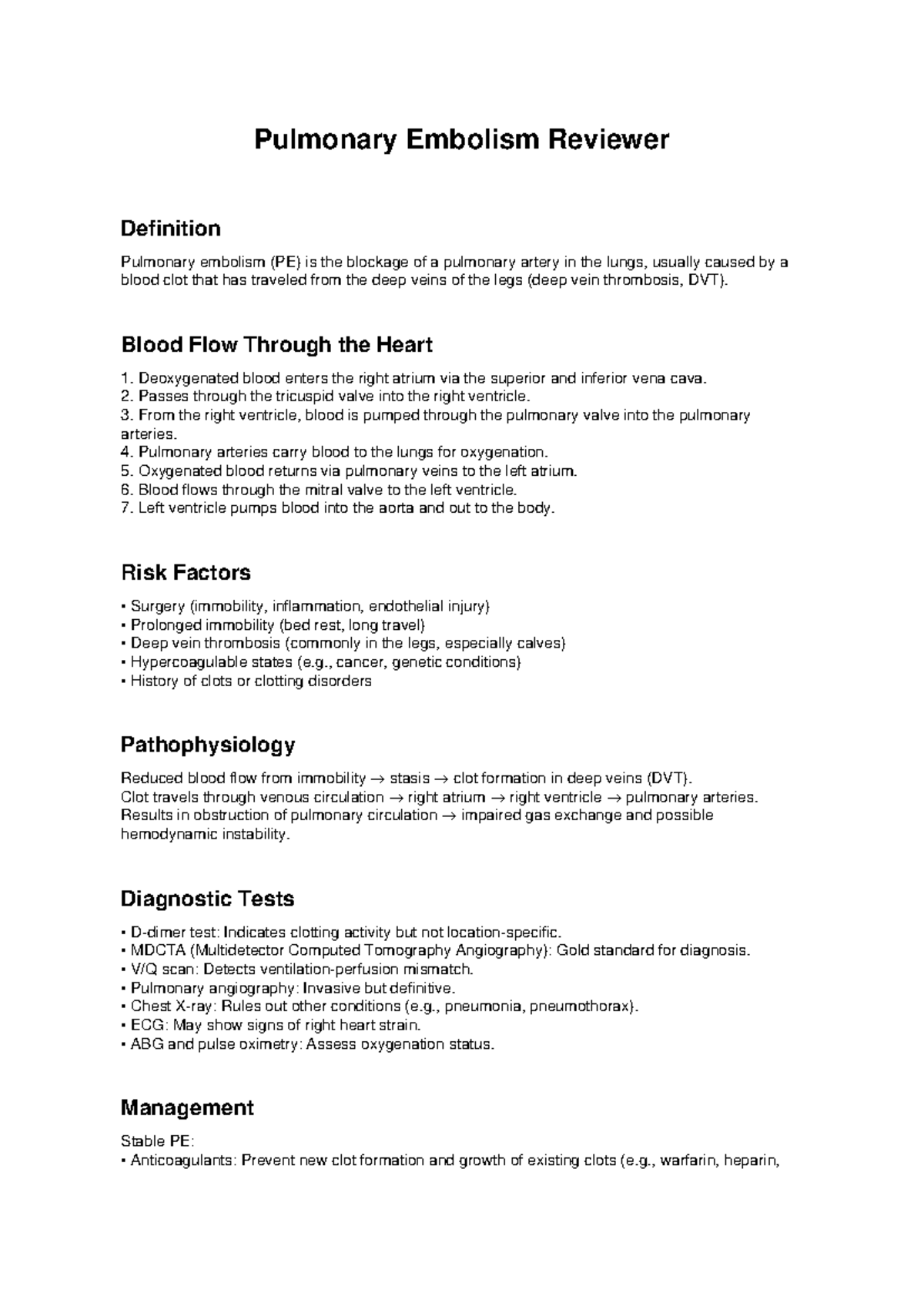 Pulmonary Embolism Review: Definition, Risks, and Management - Studocu