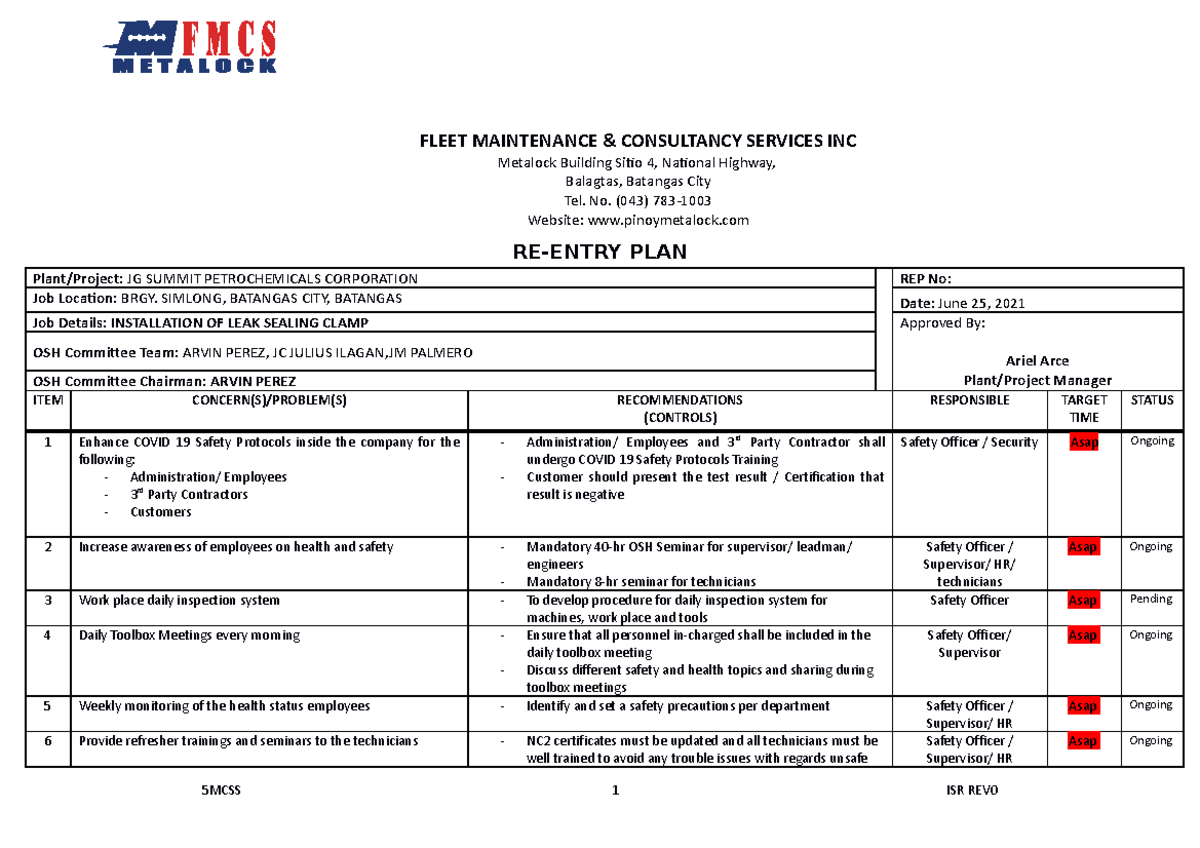 WS7 RE Entry PLAN FORM FMCS - RE-ENTRY PLAN Plant/Project: JG SUMMIT ...