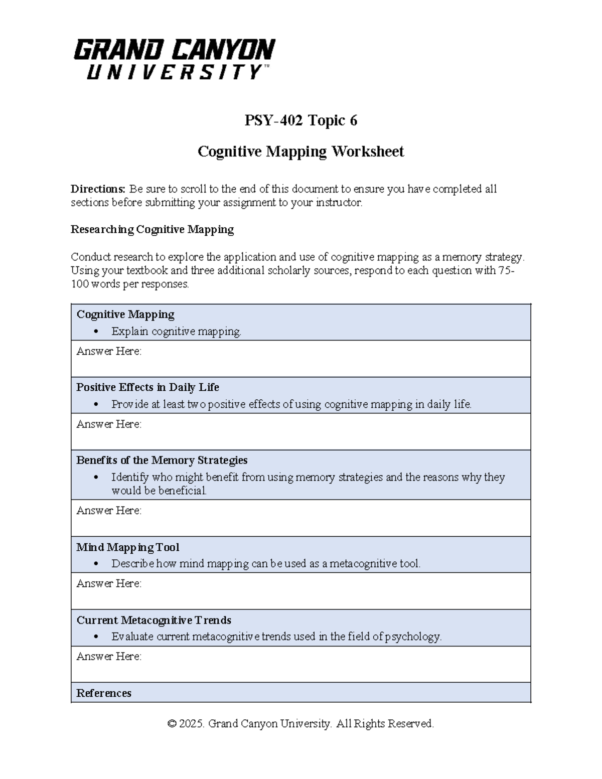 PSY 402 RS Topic 6 Cognitive Mapping Worksheet and Research Guide - Studocu