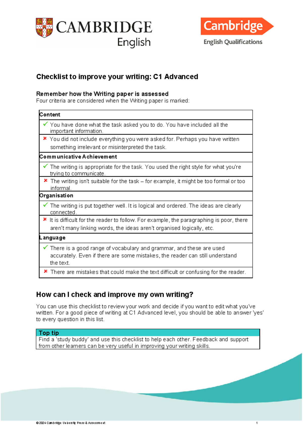 C1 Advanced Writing Checklist for Self-Assessment and Improvement - Studocu