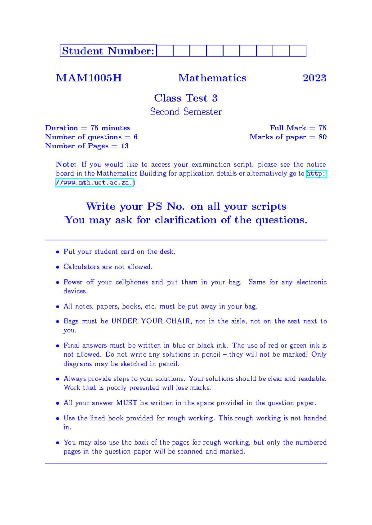 MAM1005H Mathematics Class Test 3 Memo - Second Semester 2023 - Studocu