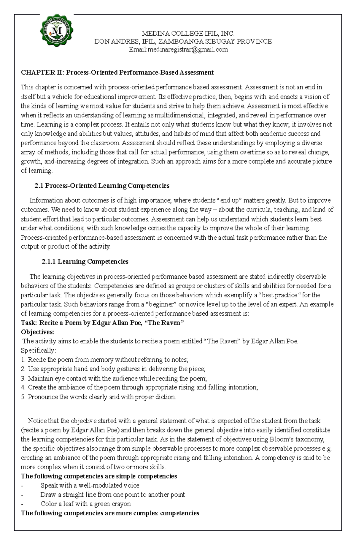 CHAPTER II: Process-Oriented Performance-Based Assessment - MEDINA COLLEGE IPIL, INC. DON ANDRES ...