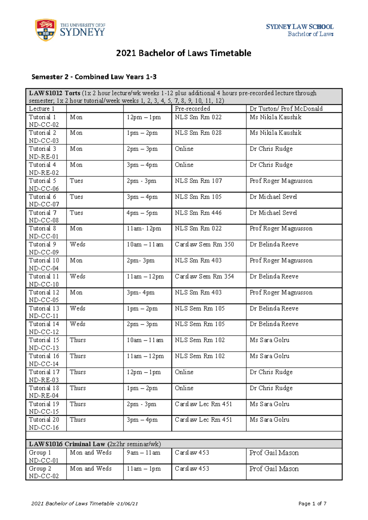 2021 LLB Timetable: Sydney Law School Semester 2 Overview - Studocu