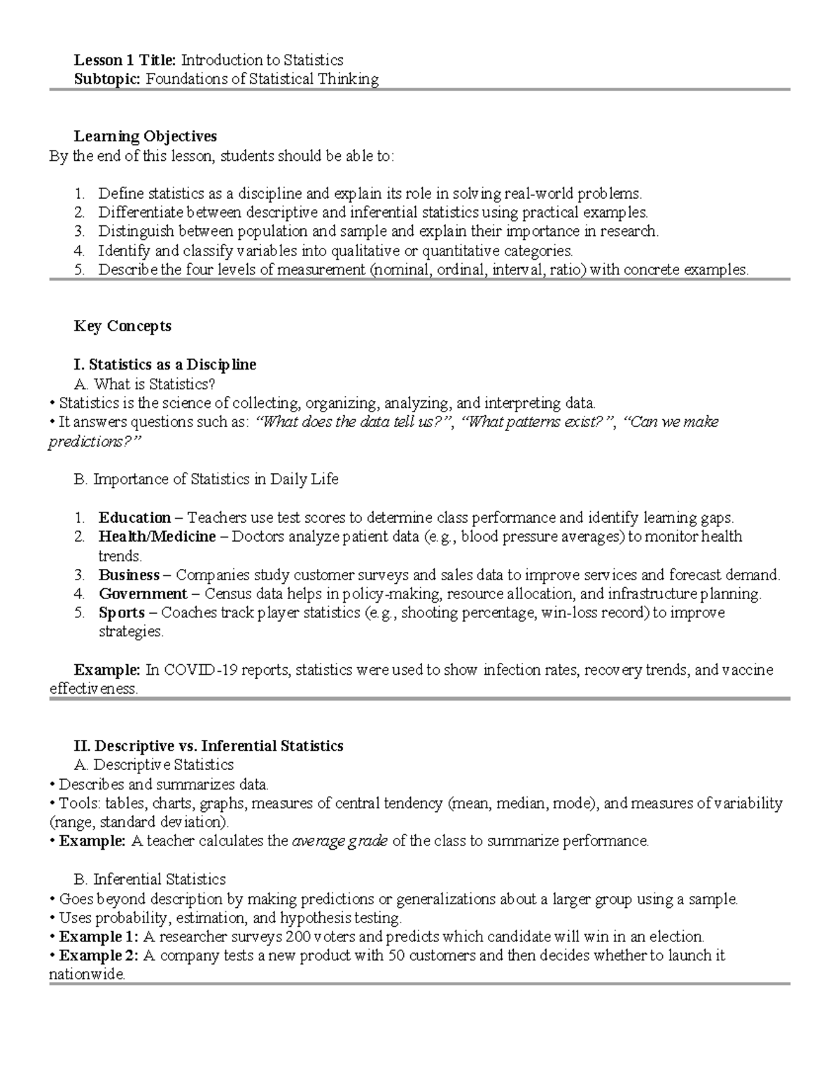 STAT- Lesson 1: Intro to Statistics & Key Concepts - Studocu