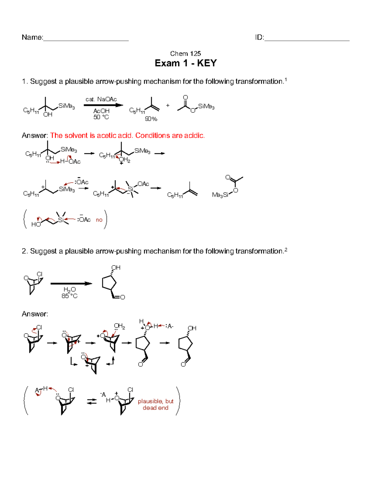 Chem 125: Exam 1 Key with Mechanisms and Answers - Studocu
