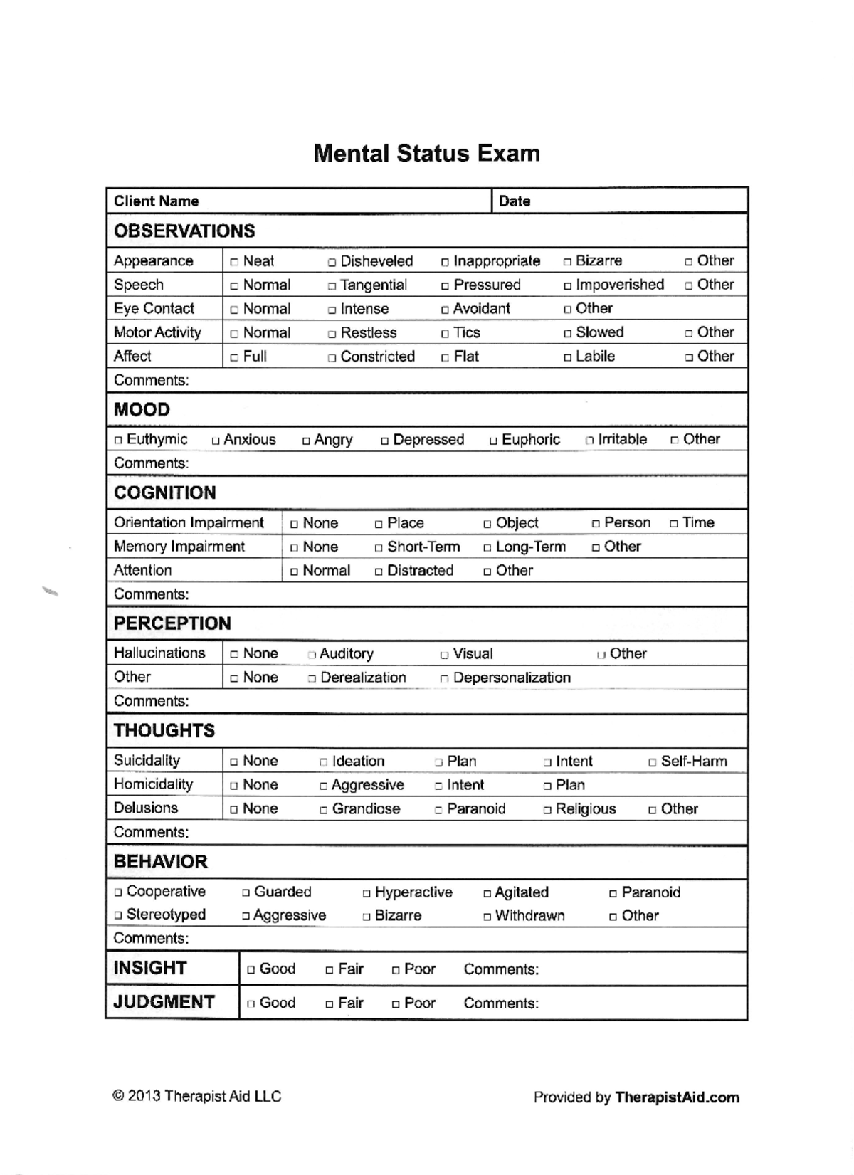 Mental Status Exam - psych - Mental Status Exam Client Name Date ...