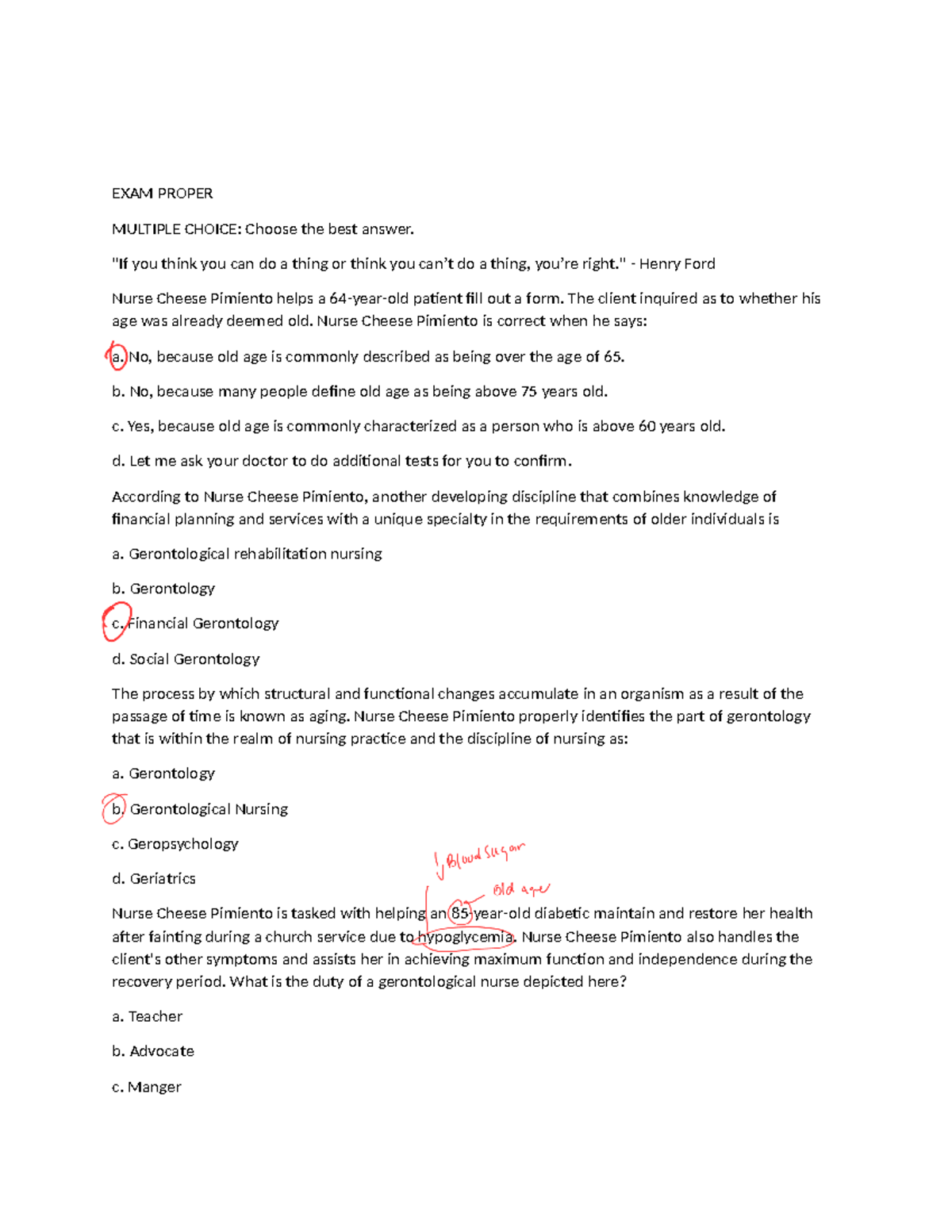 Geria P1 P2 EXAM - Multiple Choice Questions on Aging and Nursing - Studocu