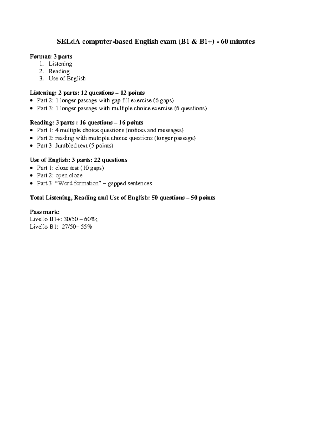 SELdA English Exam Structure Notes (B1) - 60 Min Format - Studocu