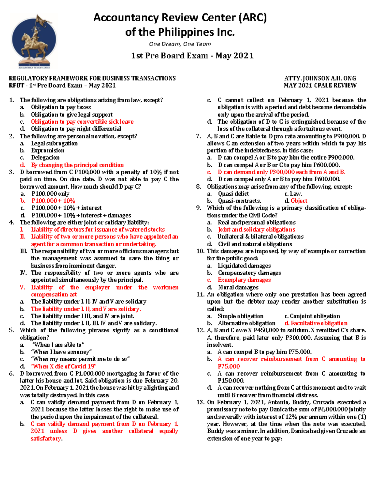 RFBT May2021 1st Preboard with answer - REGULATORY FRAMEWORK FOR BUSINESS TRANSACTIONS ATTY ...