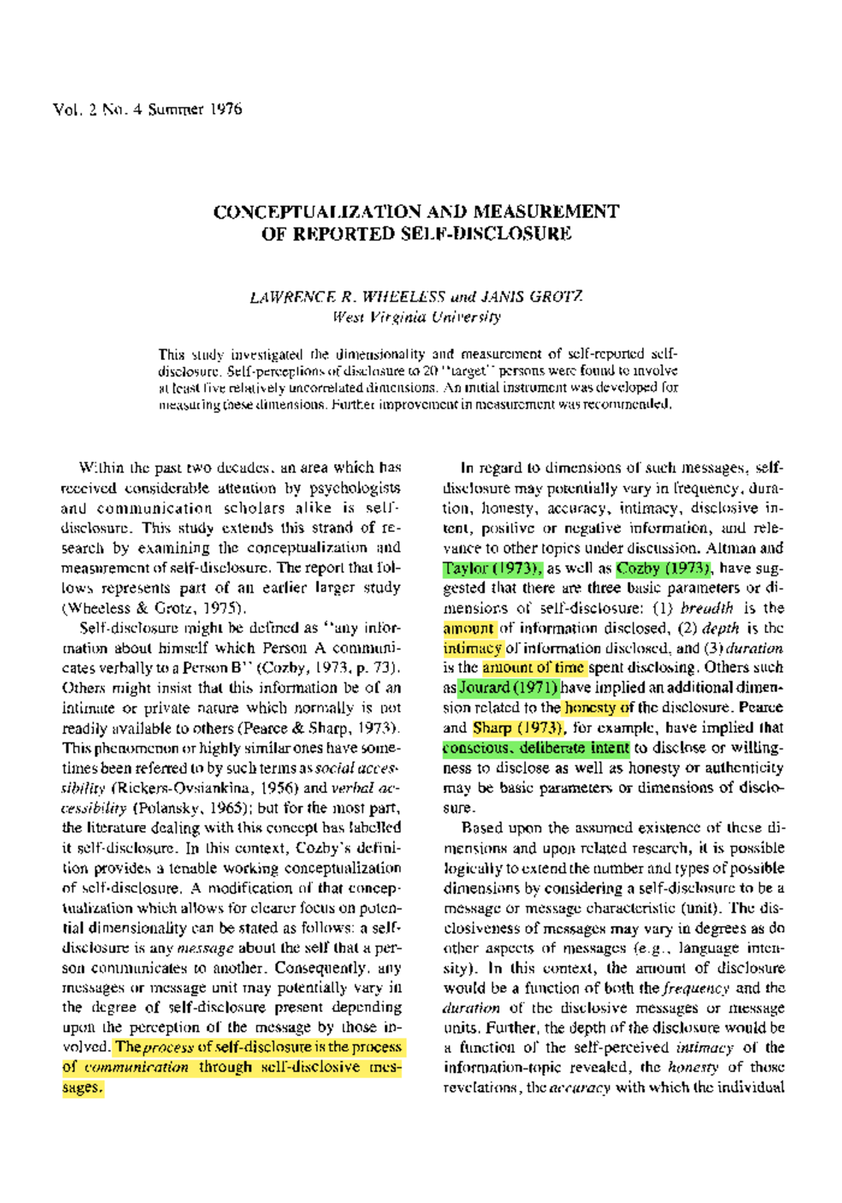 Wheeless & Grotz (1976) - Conceptualizing & Measuring Self-Disclosure ...
