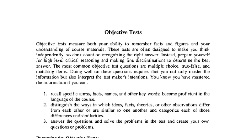 Types of Tests - Handout: Objective & Essay Test Strategies - Studocu