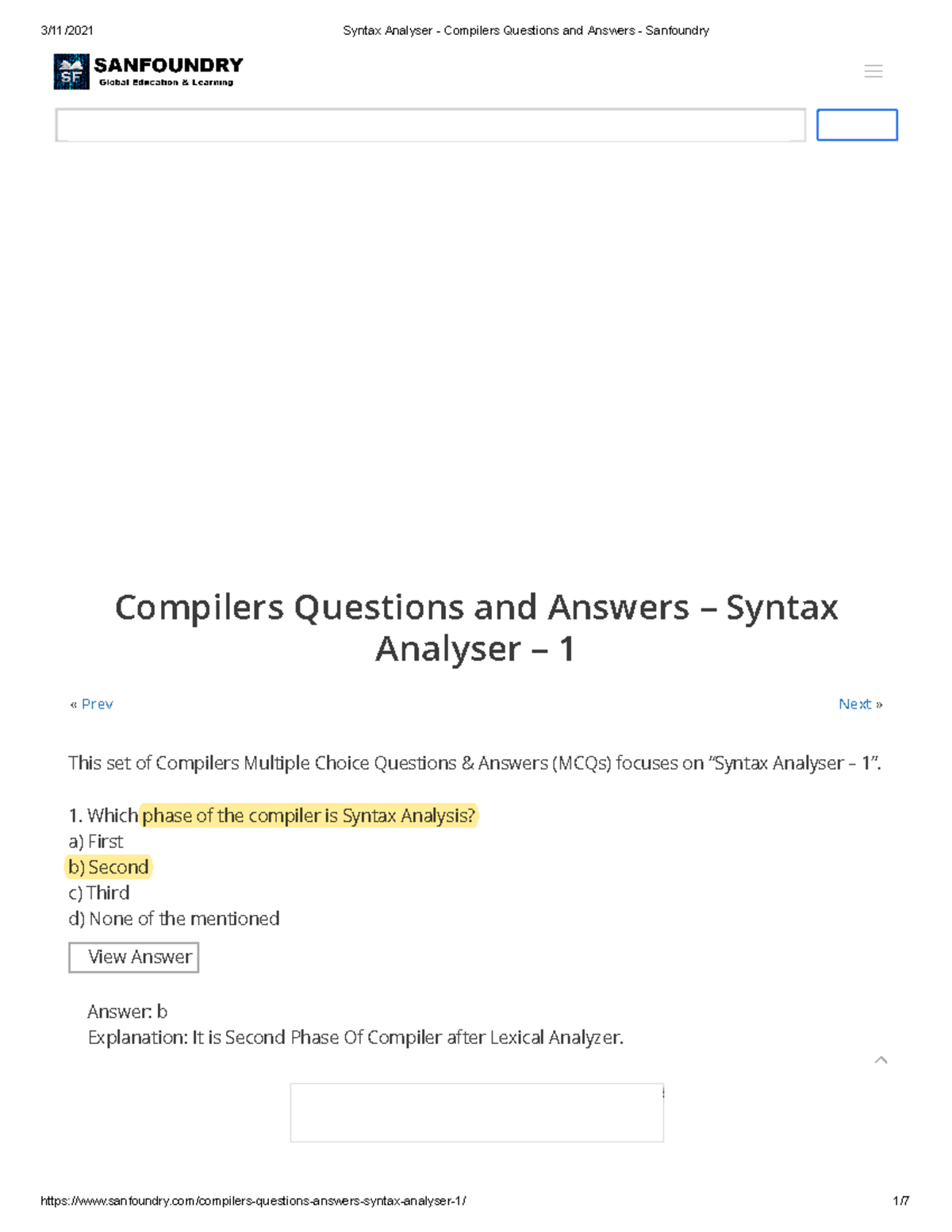 Syntax Analyser Compilers Questions And Answers Sanfoundry Prev