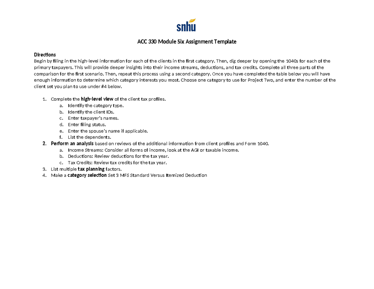 ACC 330 Module 6 Tax Client Profiles Analysis Assignment Template - Studocu