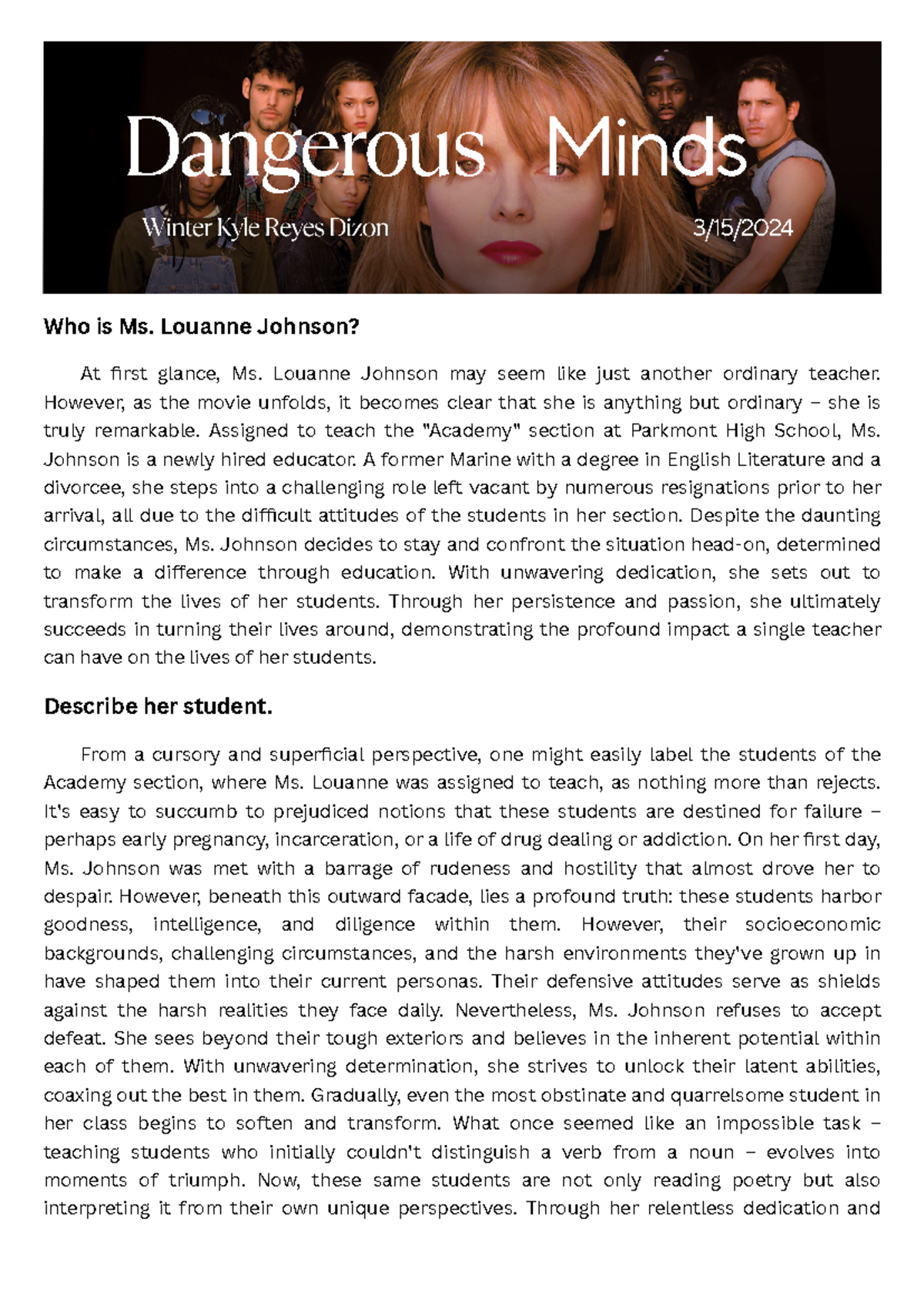 Analysis of Dangerous Minds: Character Study of Ms. Louanne Johnson ...